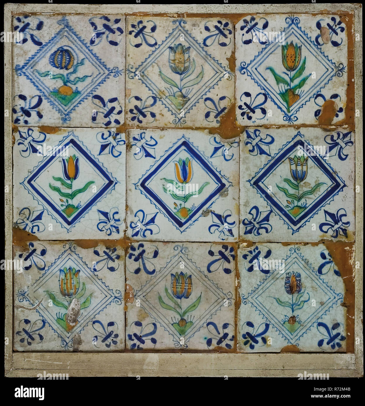 Tile field, nine tiles, orange, green and blue on white, eight tulips ...