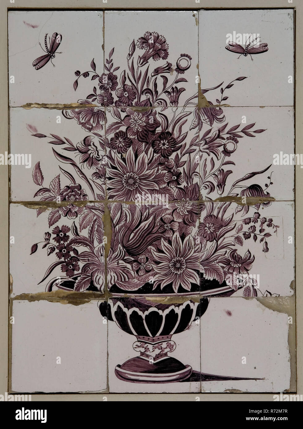 Purple tile tableau, vase with flowers and two insects, tile picture ...