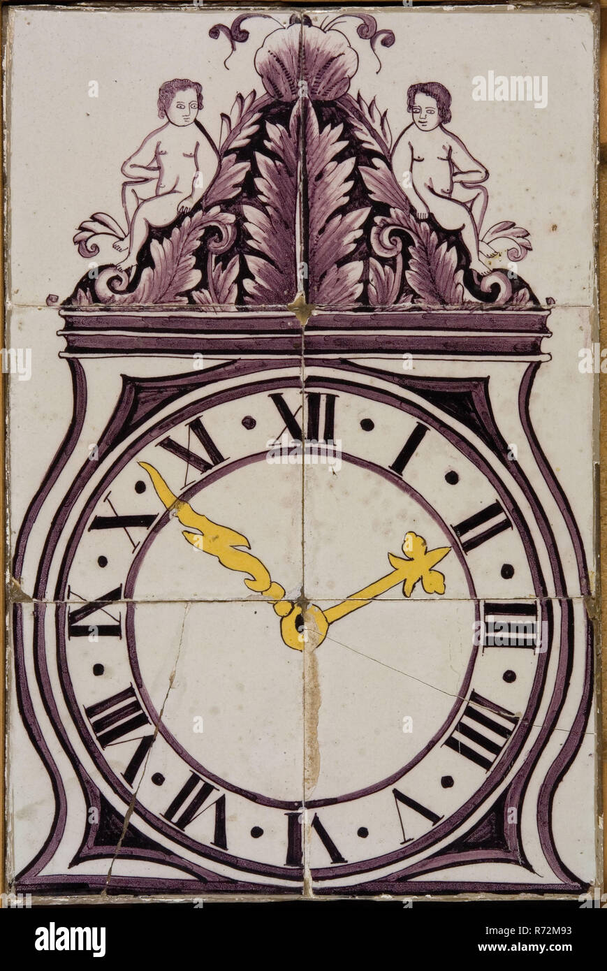 Tile panel, six tiles, purple and yellow on white, pendulum crowned by ...