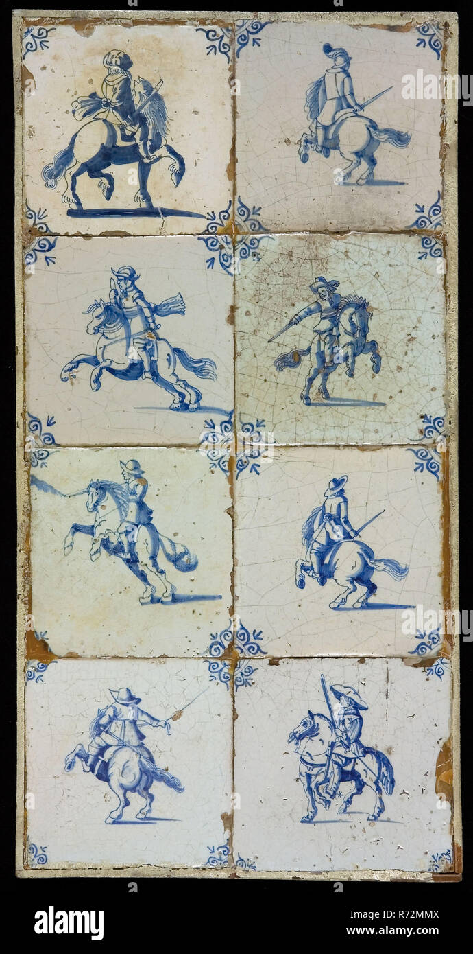 Tile field, eight tiles, blue on white, riders, corner motifs ox's head ...