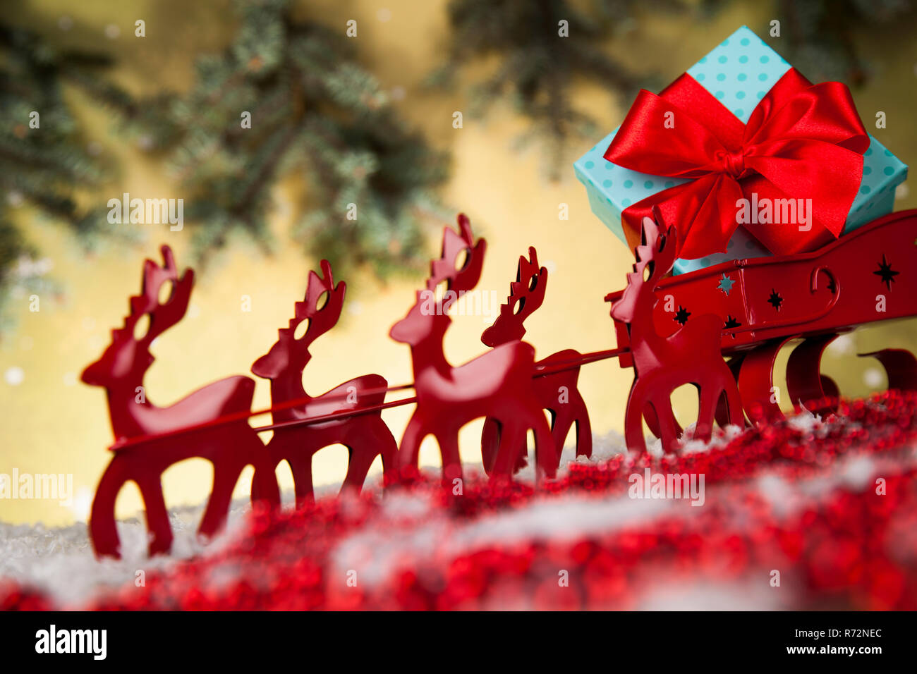 Santa sleigh on gift box background Stock Photo - Alamy