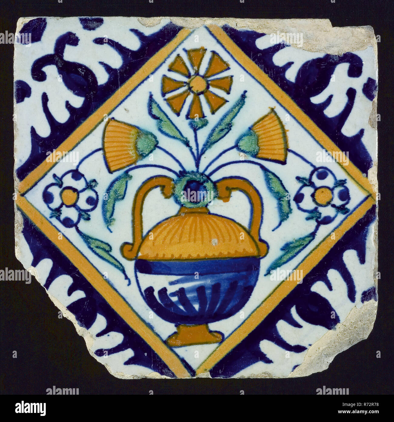 Flower tile with flower pot with five flowers, corner motif, with ...