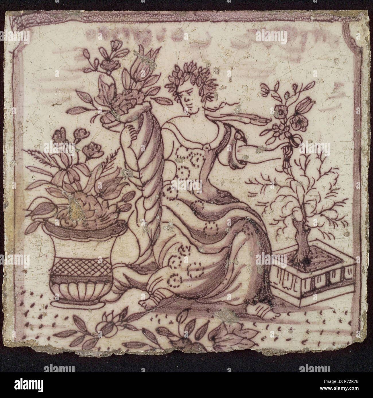 Scene tile, woman with flowers, wall tile tile sculpture ceramic ...