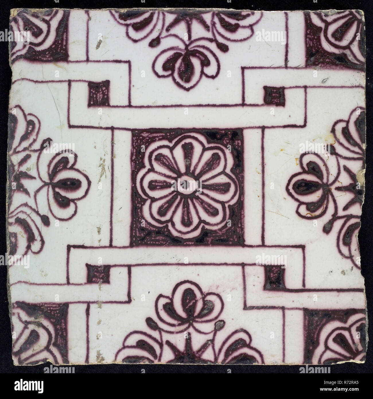 Ornament tile, purple rosette, Rotterdams rosette diamond, corner motif ...