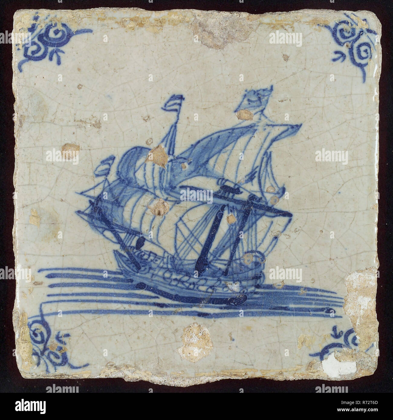 Scene tile, ship with three masts and flags, corner motif ox's head ...