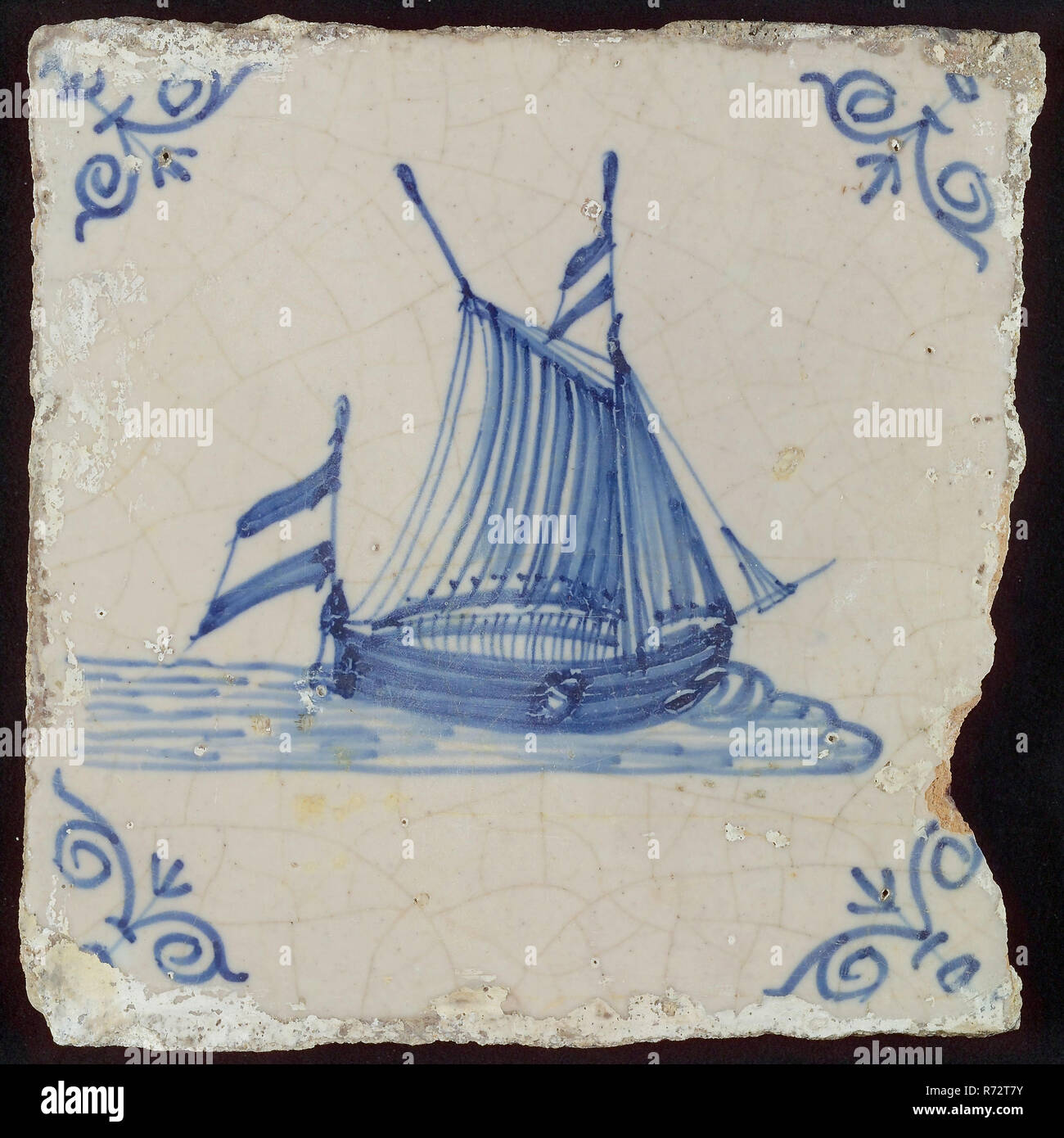 Scene tile, sailing flat bottom with full sails, corner motif of ox's ...