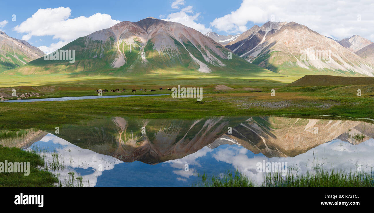 Mountains reflecting in water, Naryn gorge, Naryn Region, Kyrgyzstan ...