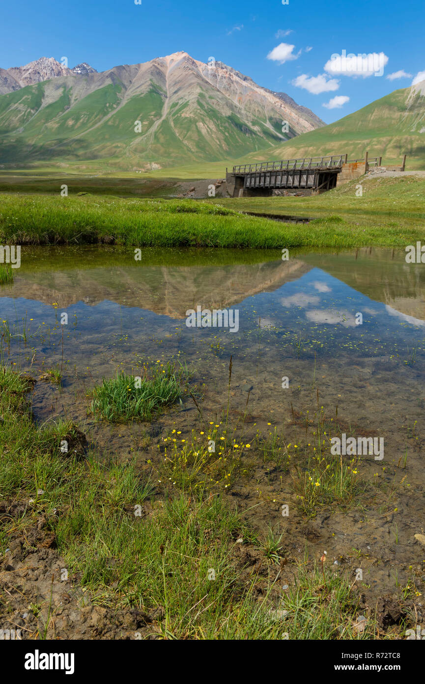 Mountains reflecting in water, Naryn gorge, Naryn Region, Kyrgyzstan ...