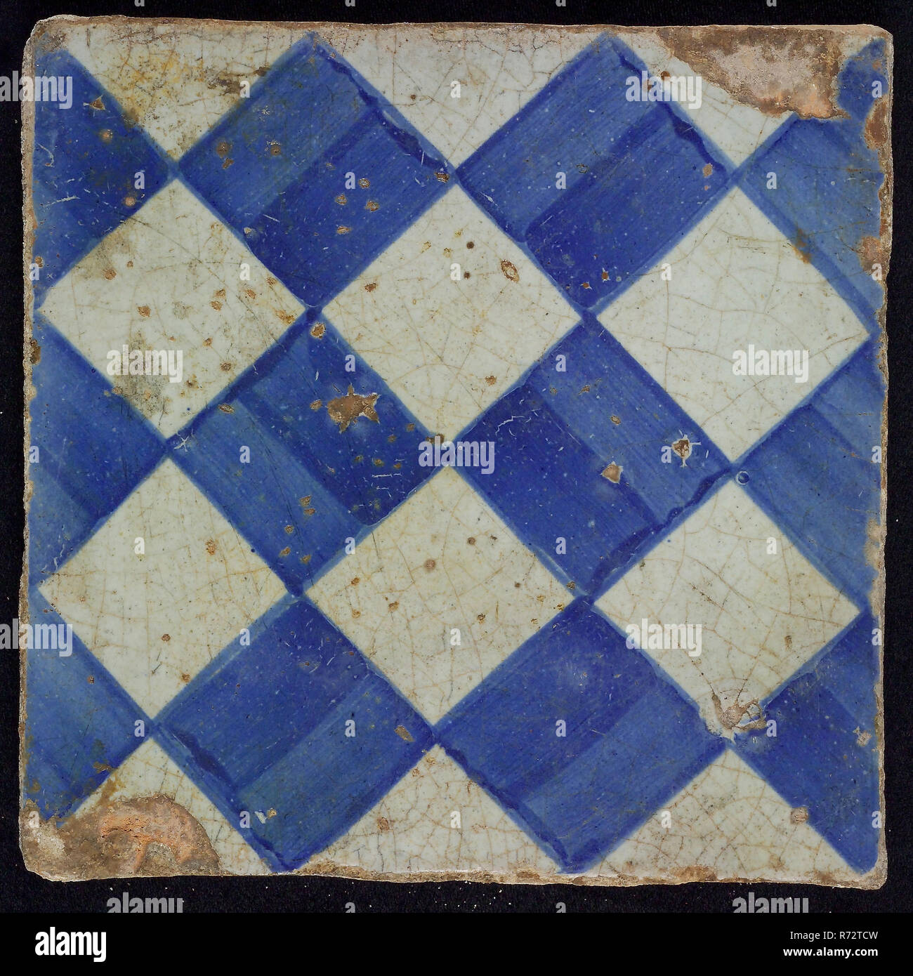 Ornament tile, blue on gray, with light blue brushed check pattern as ...