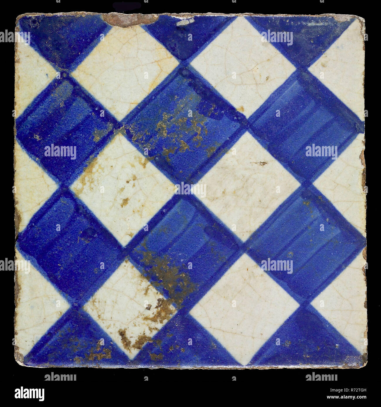 Ornament tile, blue on white, with light blue brushed check pattern as ...