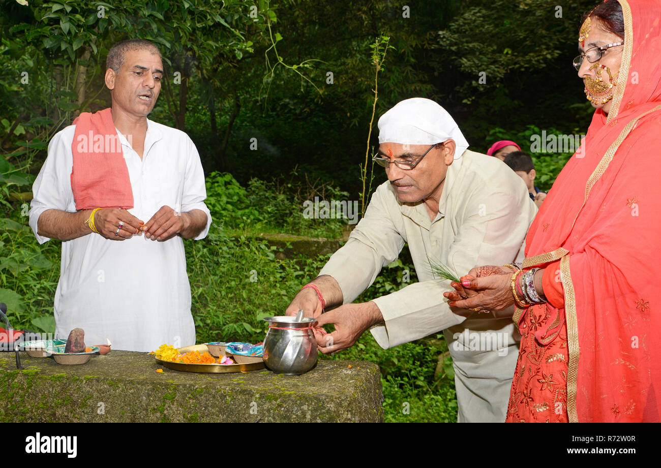 Beautiful Indian Mid adult performing puja Stock Photo - Alamy