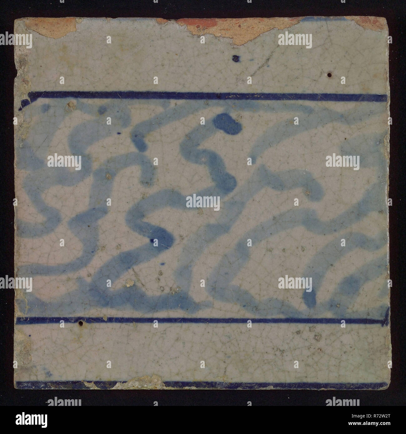 Tile with two blue horizontal lines between which light blue painting ...