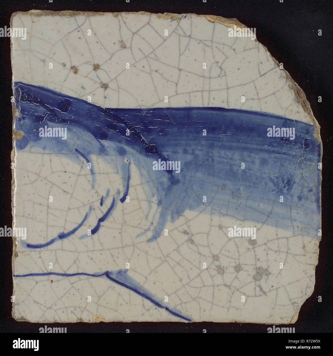 Tile with blue drawing (leg?), tile picture footage fragment ceramic ...