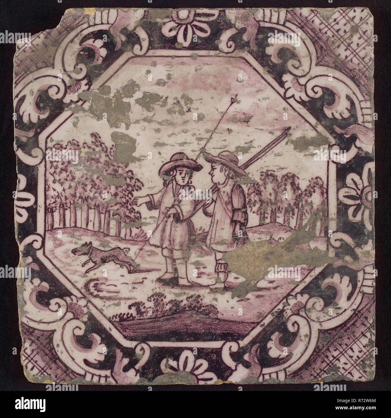 Scene tile, octagon men with sticks on their shoulders, in praise, wall ...