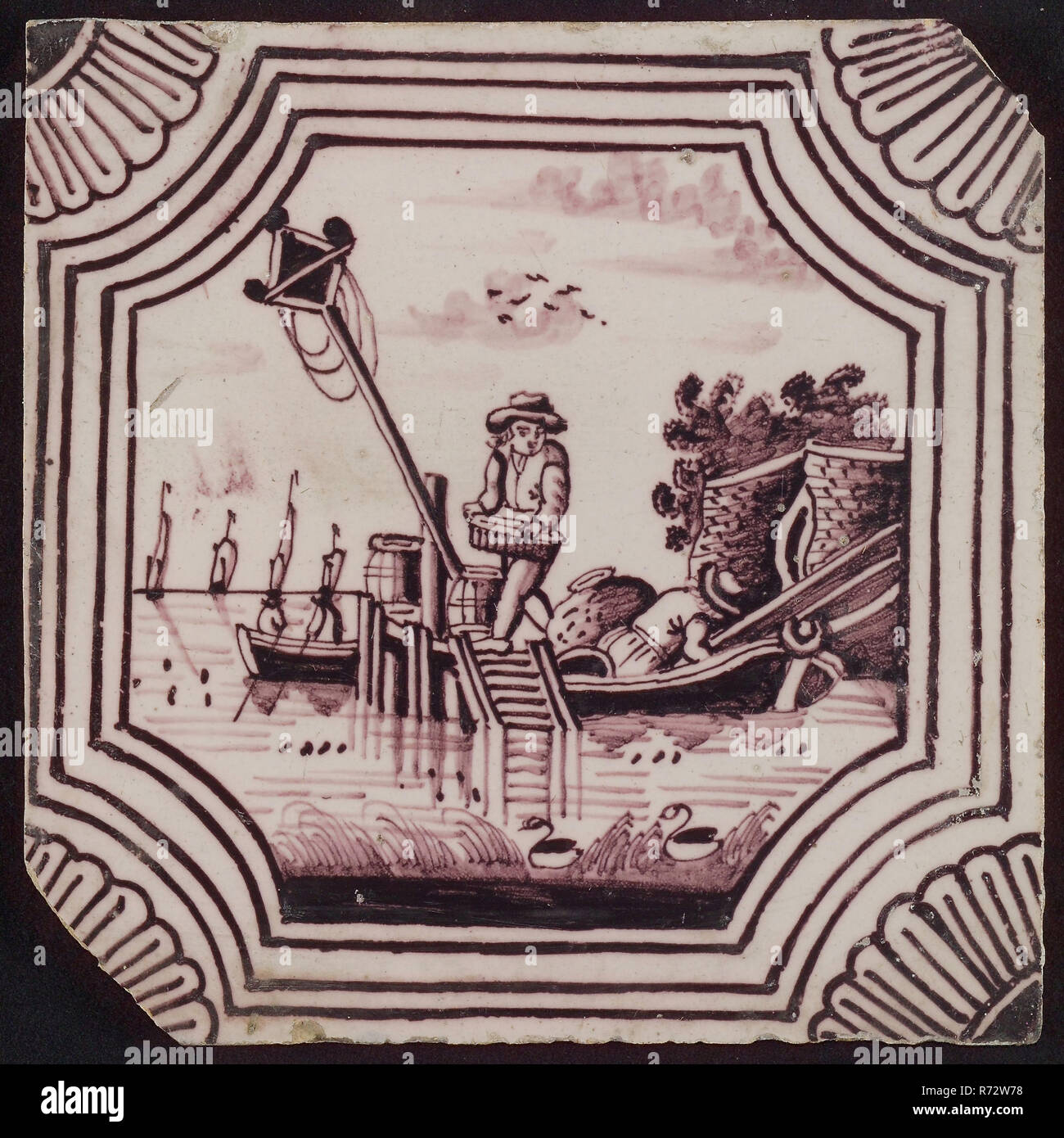Scene tile, in double curved octagon, scaffold with man, corner motif ...