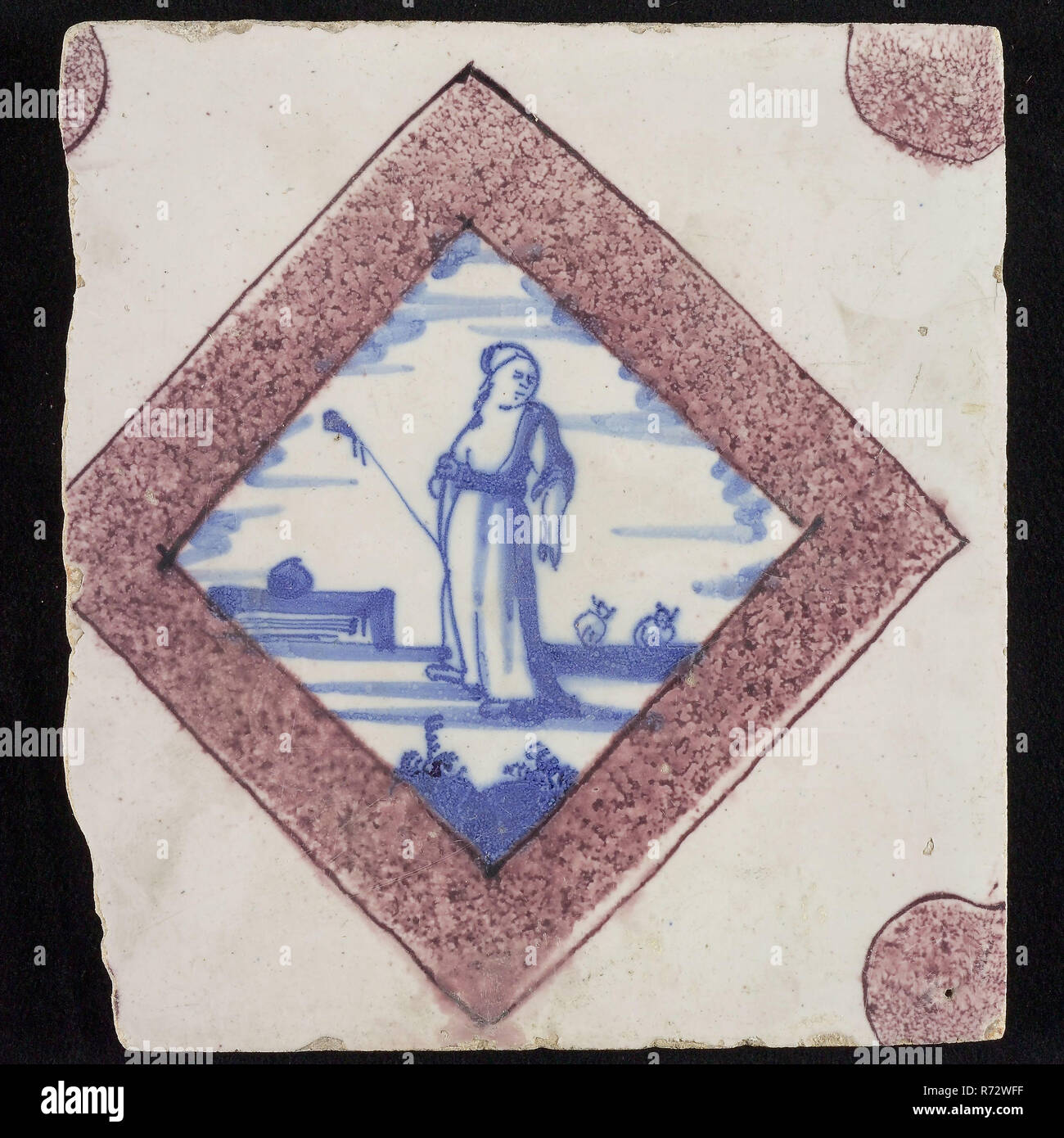 Figure tile, shepherdess with staff, corner motif half purple circle ...