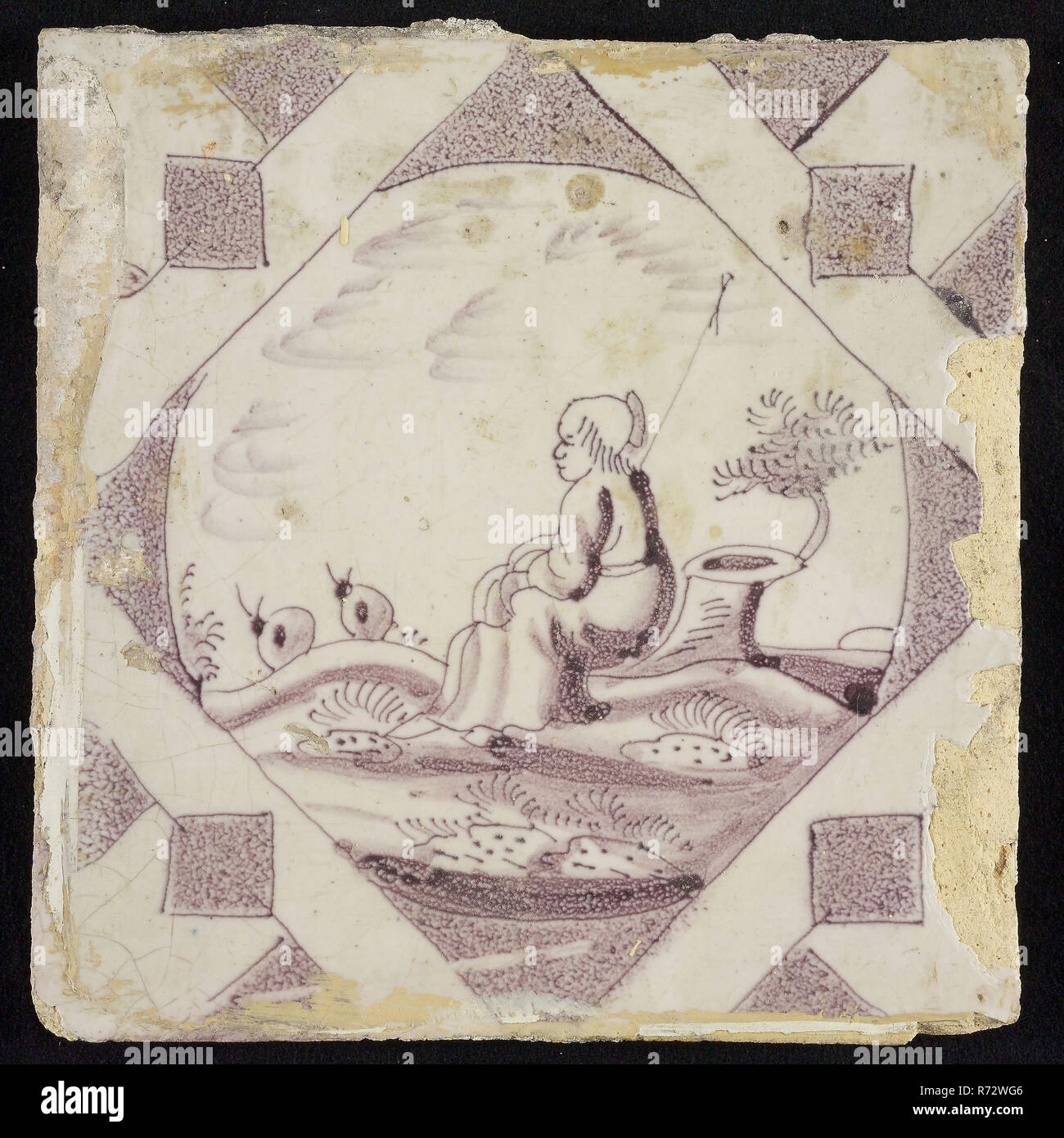Figure tile, sitting shepherdess and staff, corner pattern white ...