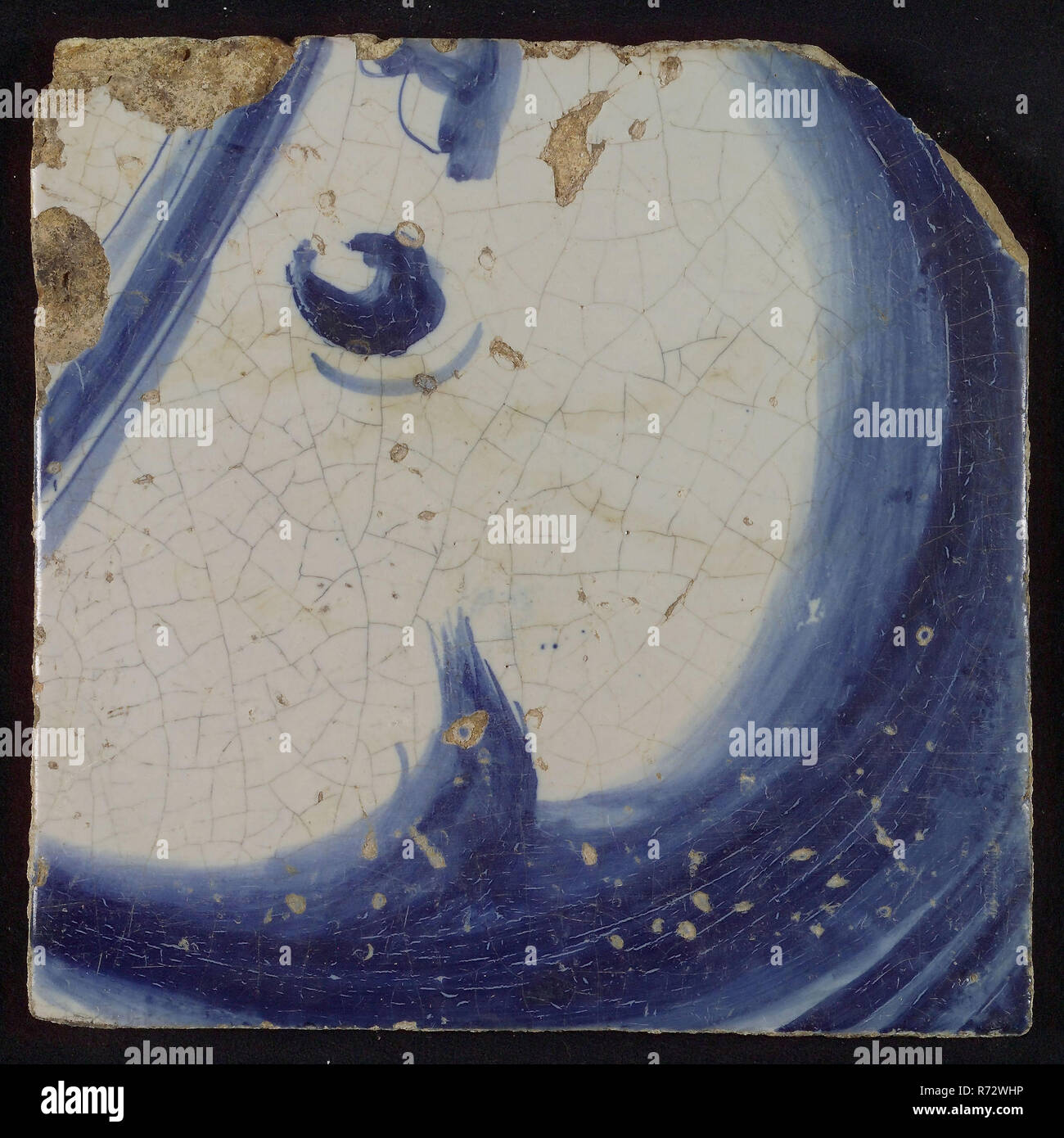 Tile with blue painting, tile pellet image fragment ceramic earthenware ...