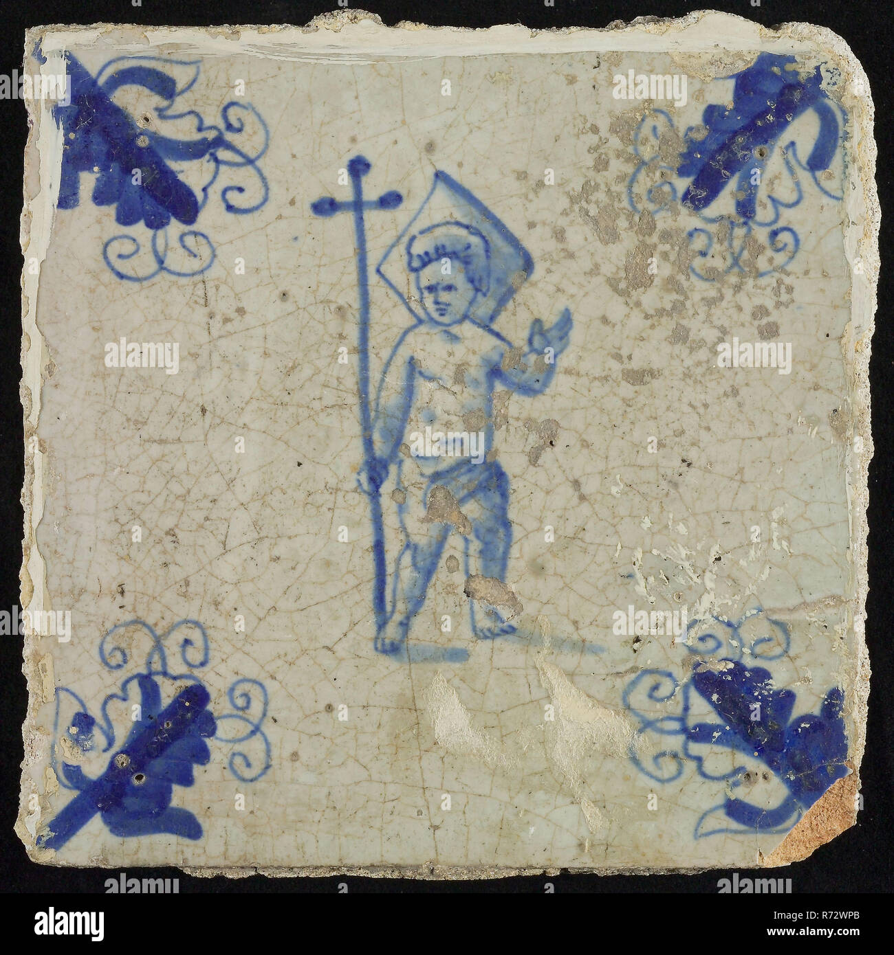 Figure tile, standing Christ child with staff on which cross, corner ...