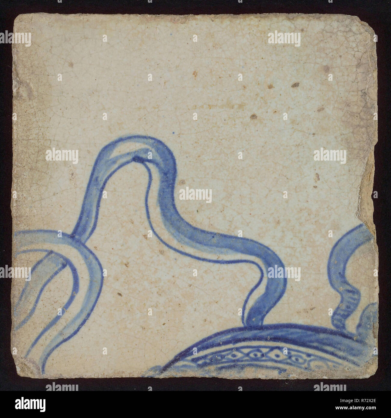 Tile with blue ribbons on part of hat, tile pilaster footage fragment ...