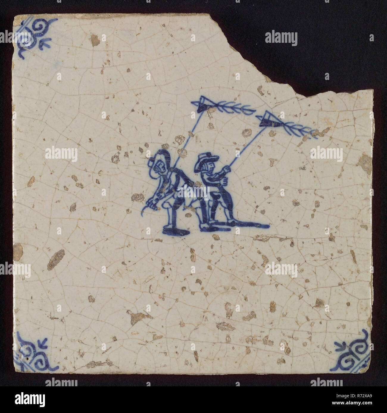 Scene tile, double child's play, kite flying, corner motif ox's head ...