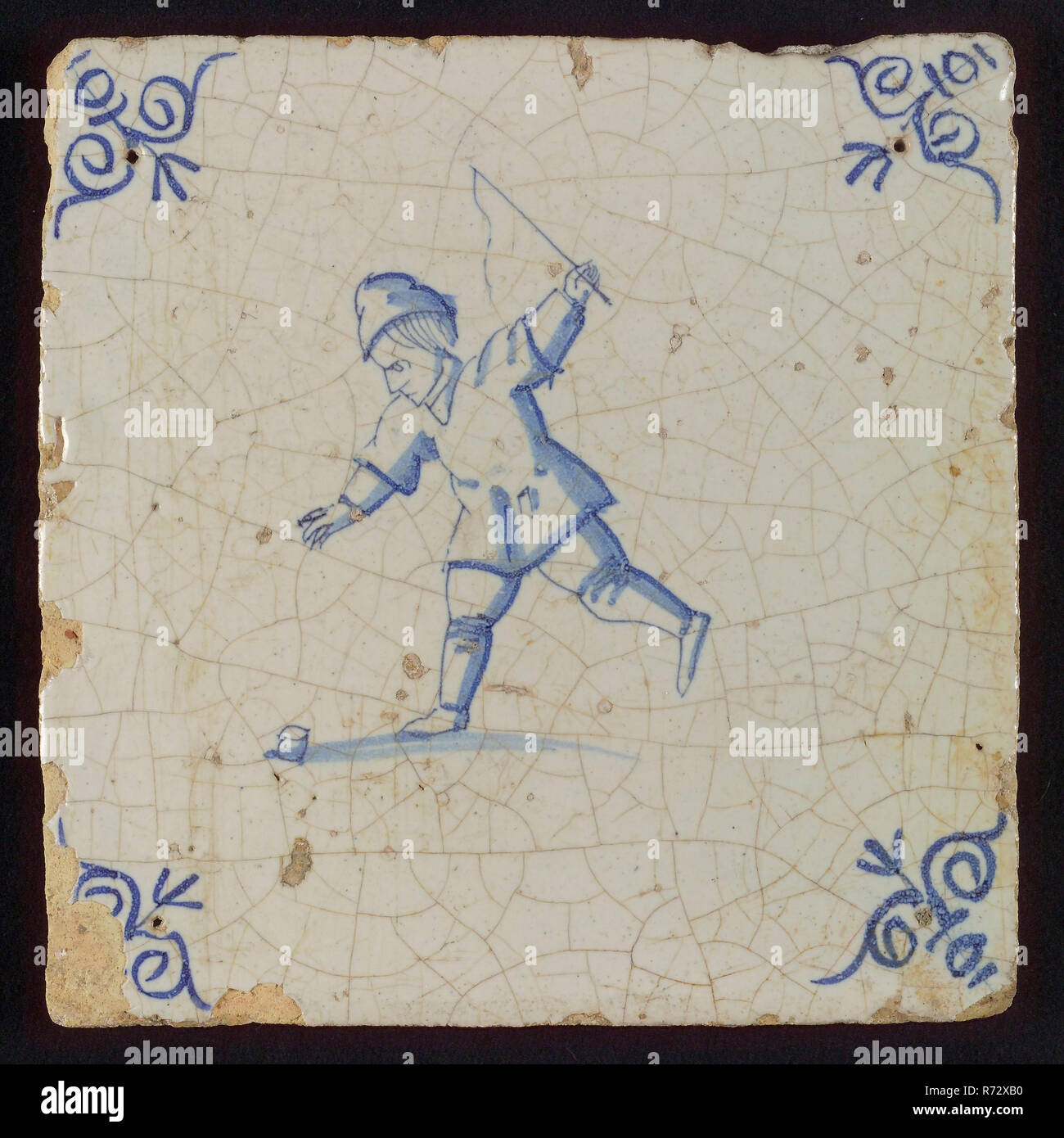 Scene tile, child's play, child with toll, corner motif ox's head, wall ...