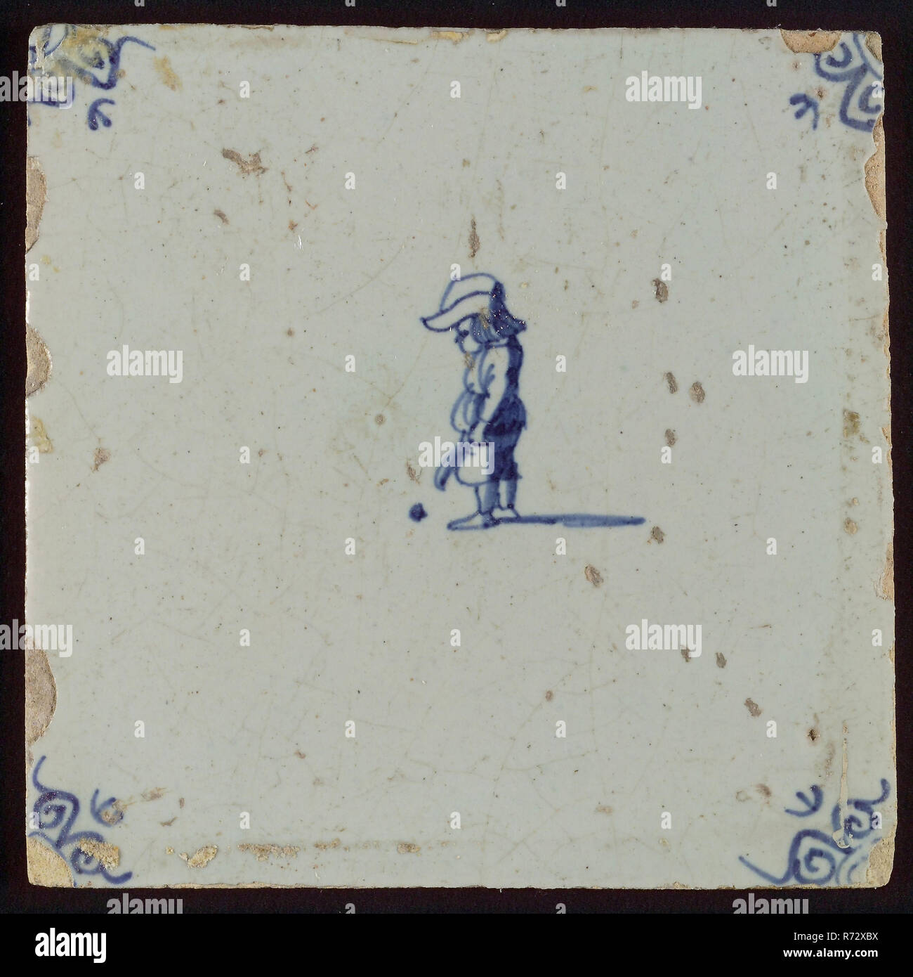 Scene tile, child's play, child with ball, corner motif ox's head, wall ...