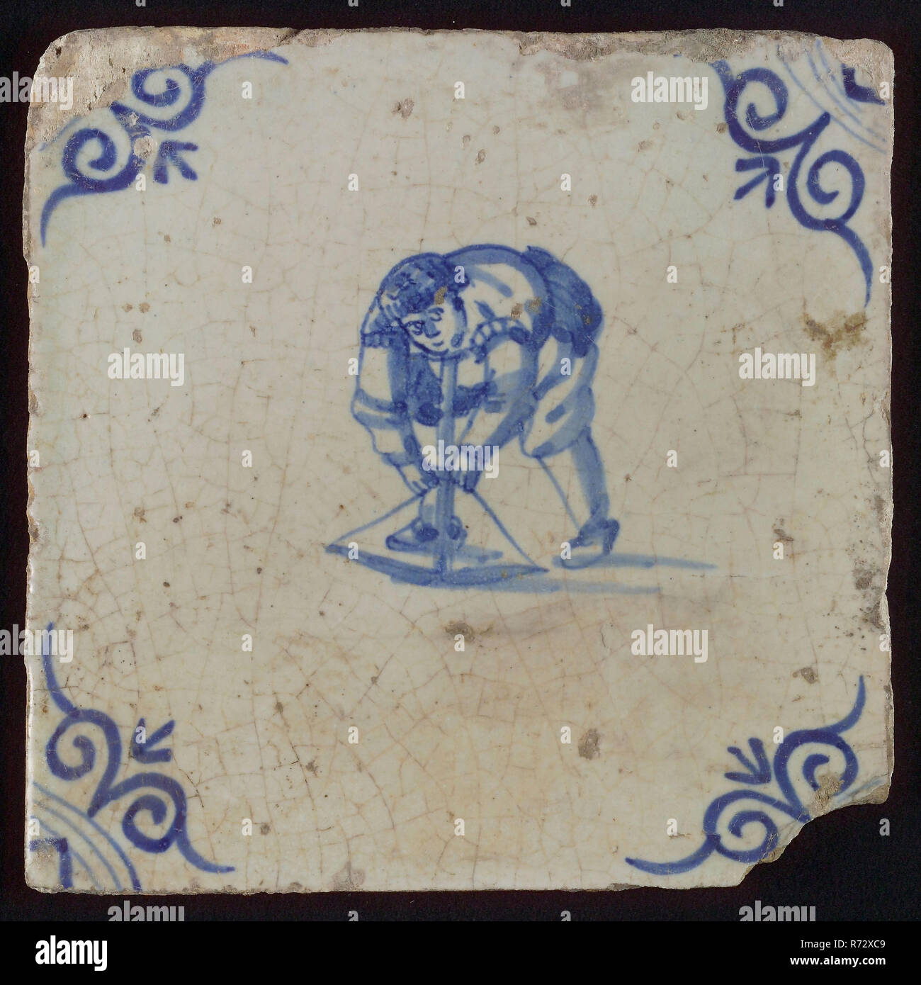 Scene tile, child's play, child with crossbow, corner pattern ox's head ...