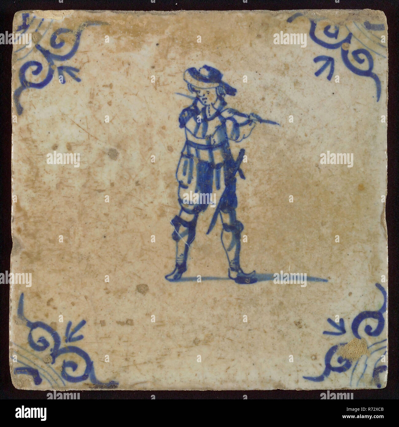 Scene tile, child's play, playing soldier, corner motif ox's head, wall ...