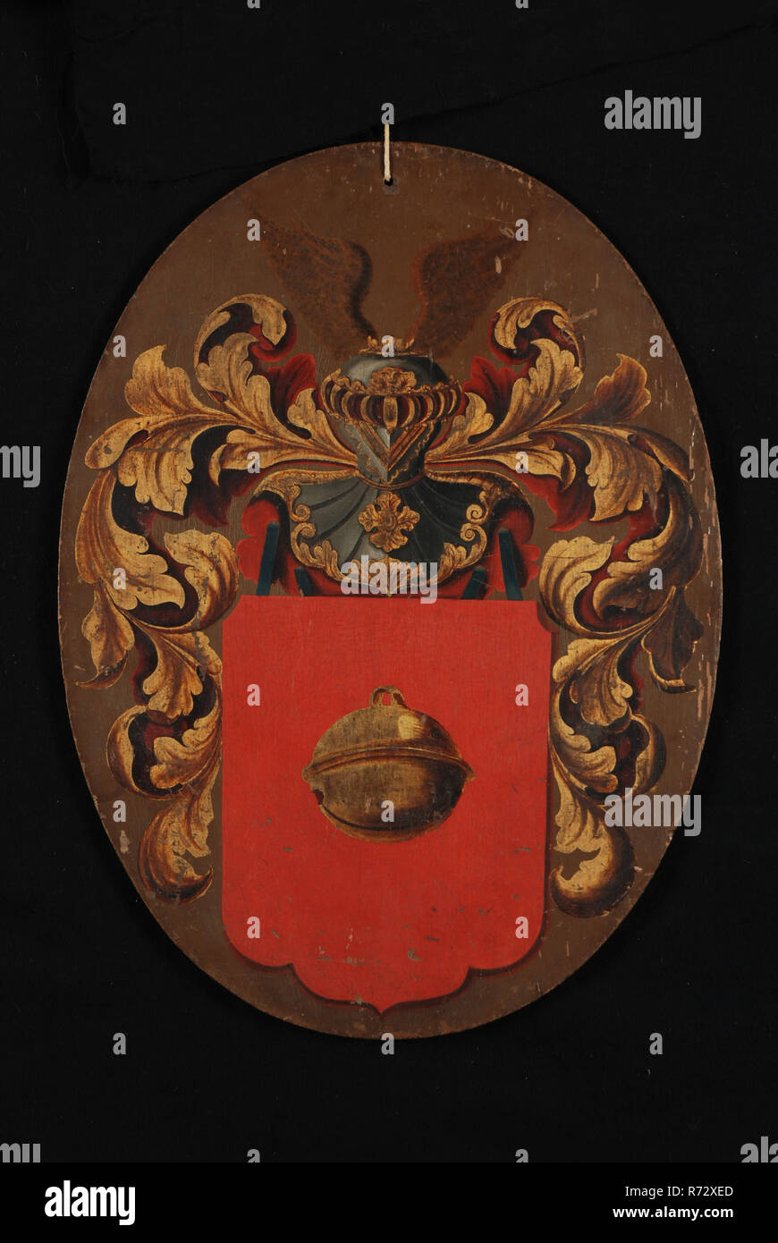 Coat of arms with bell, oval panel, painting visual material wood oil ...