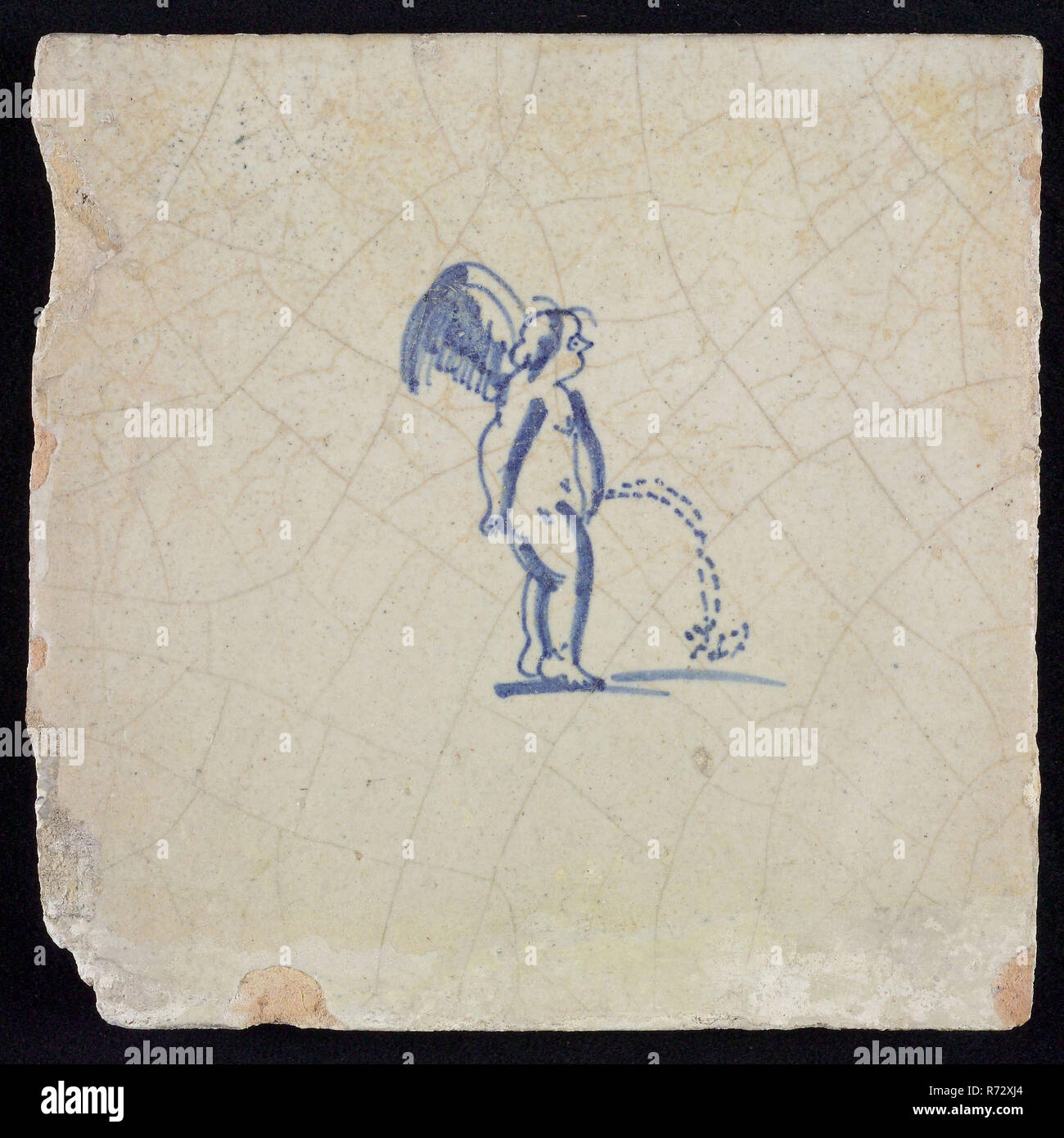 White tile with putto in blue pee, wall tile tile sculpture ceramic ...