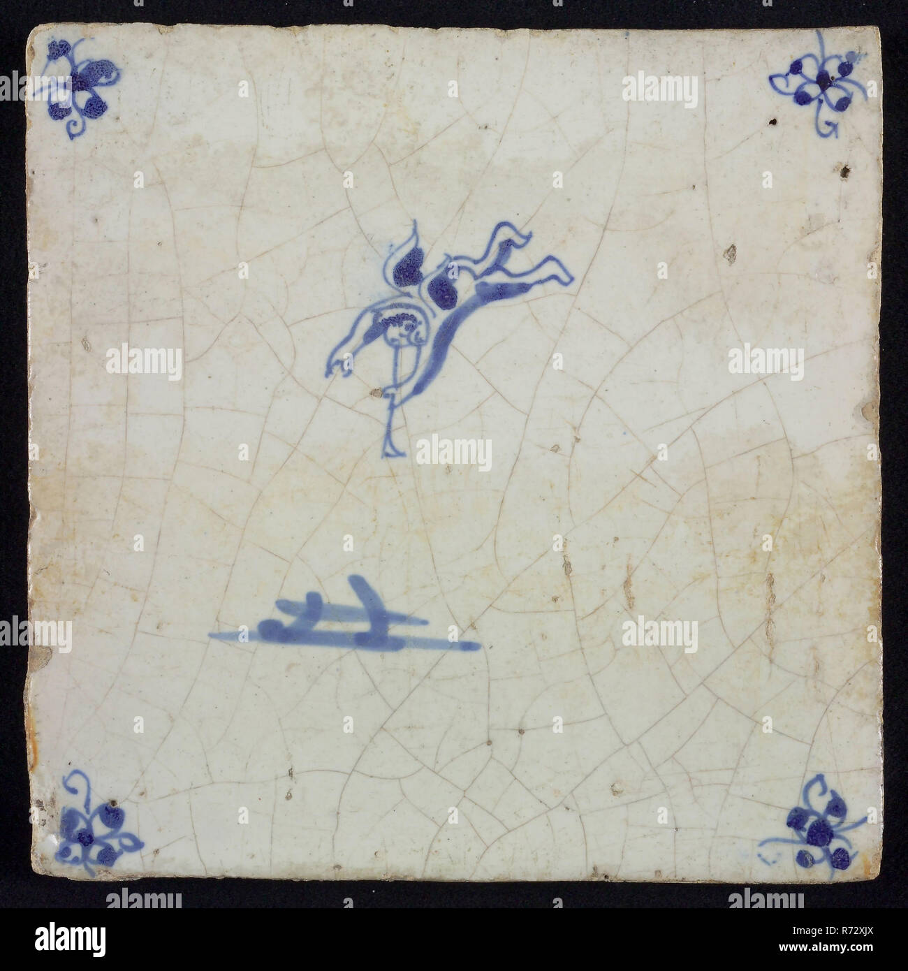 White tile with blue flying putto with wind instrument, corner motif ...