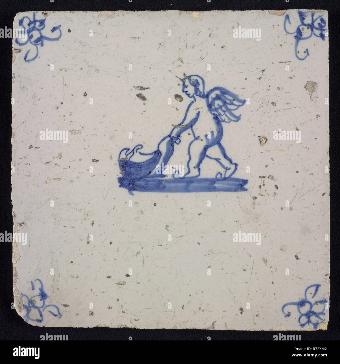 White tile with blue putto; corner motif spider, wall tile tile ...