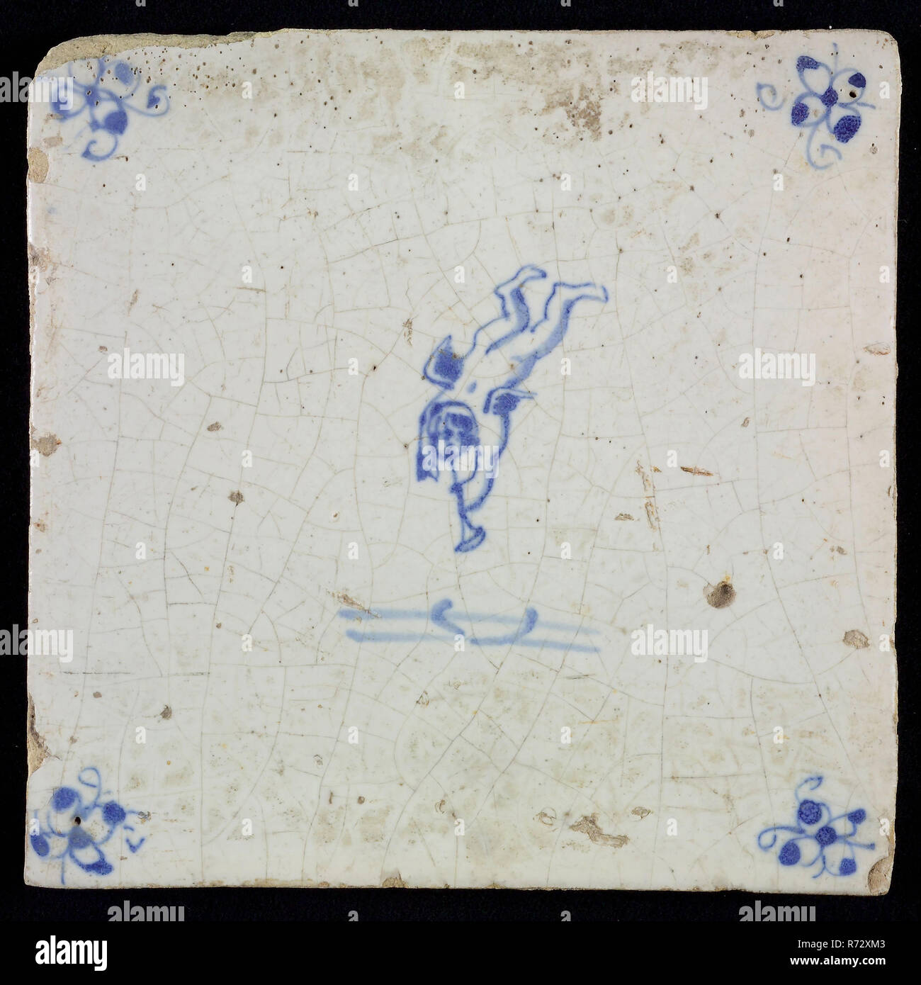 White tile with blue flying putto with wind instrument; corner motif ...