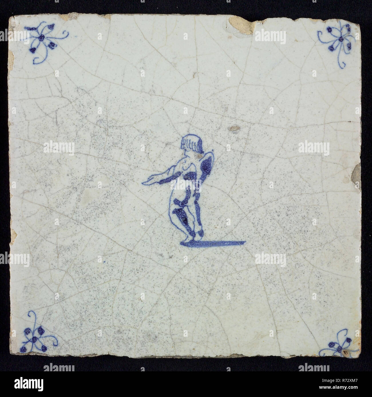 White tile with blue putto; corner motif spider, wall tile tile ...