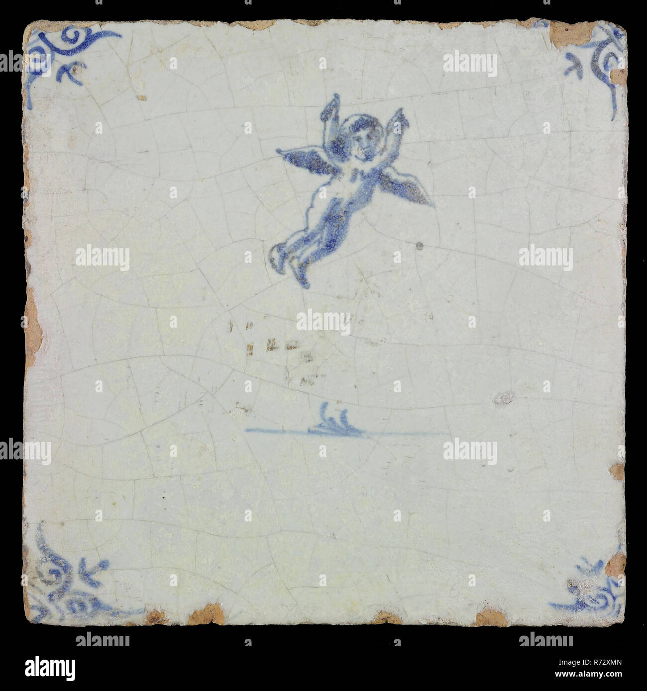 White tile with blue flying putto; corner pattern ox head, wall tile ...
