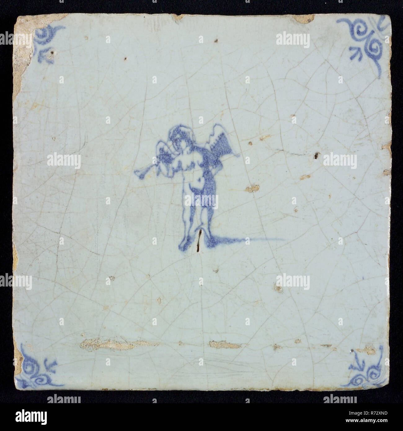 Light blue tile with blue putto with wind instrument; corner pattern ox ...