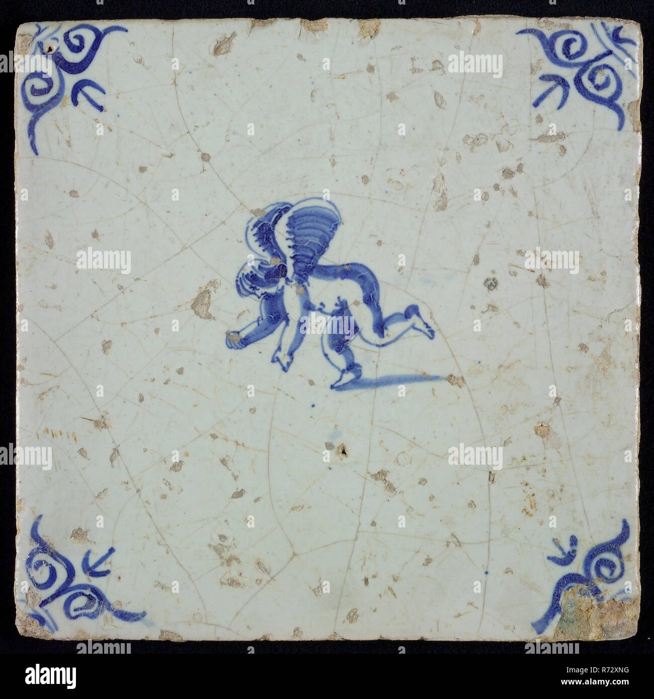 White tile with blue putto; corner pattern ox head, wall tile tile ...