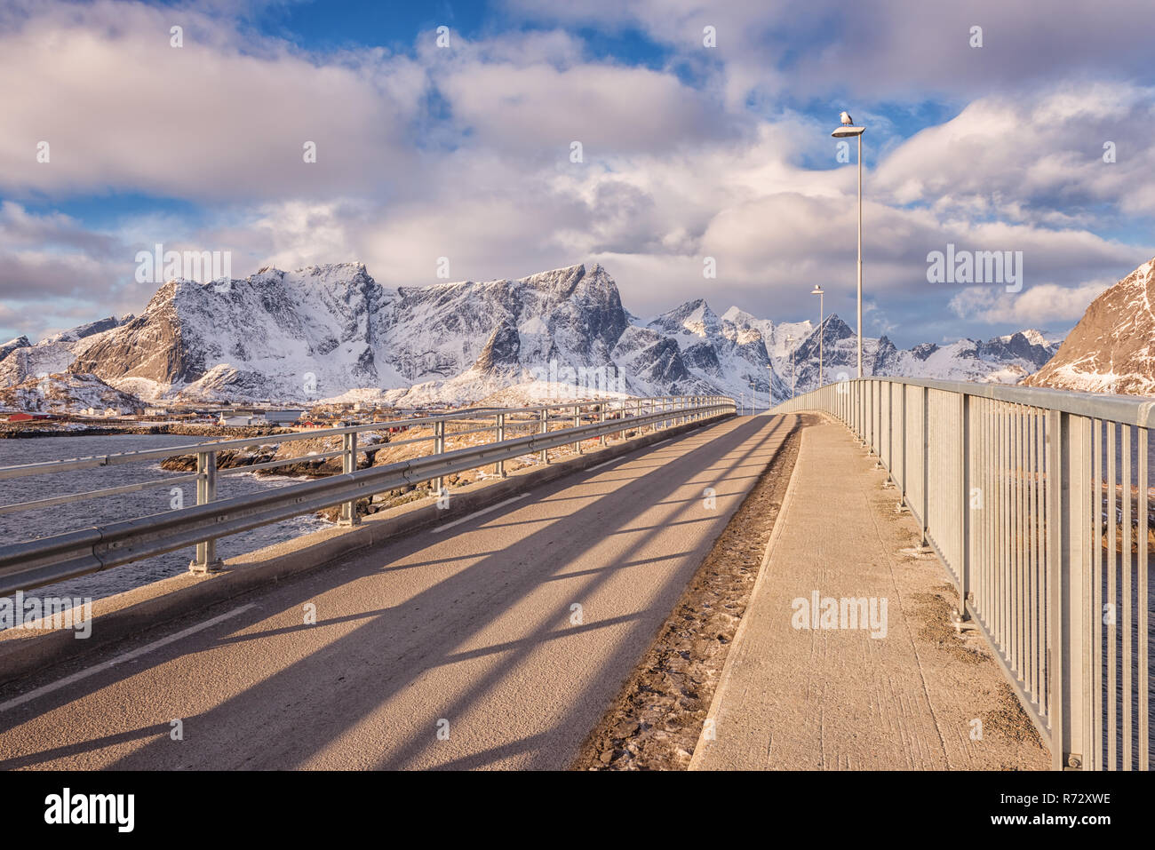 Amazing winter daytime landscape. Automobile bridge, highway E10 ...