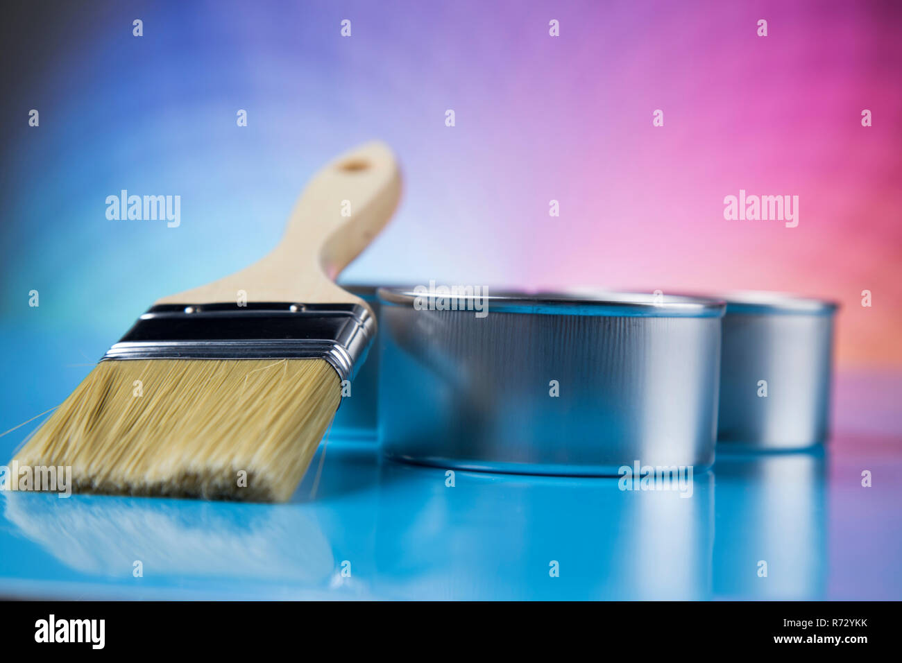 Paint brush, tin can and color guide samples Stock Photo - Alamy