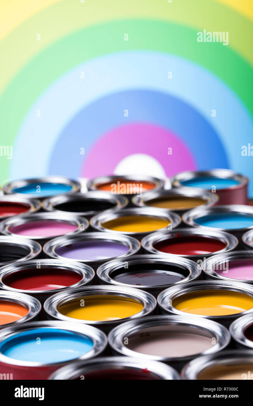 Rainbow colors, Open cans of paint Stock Photo - Alamy