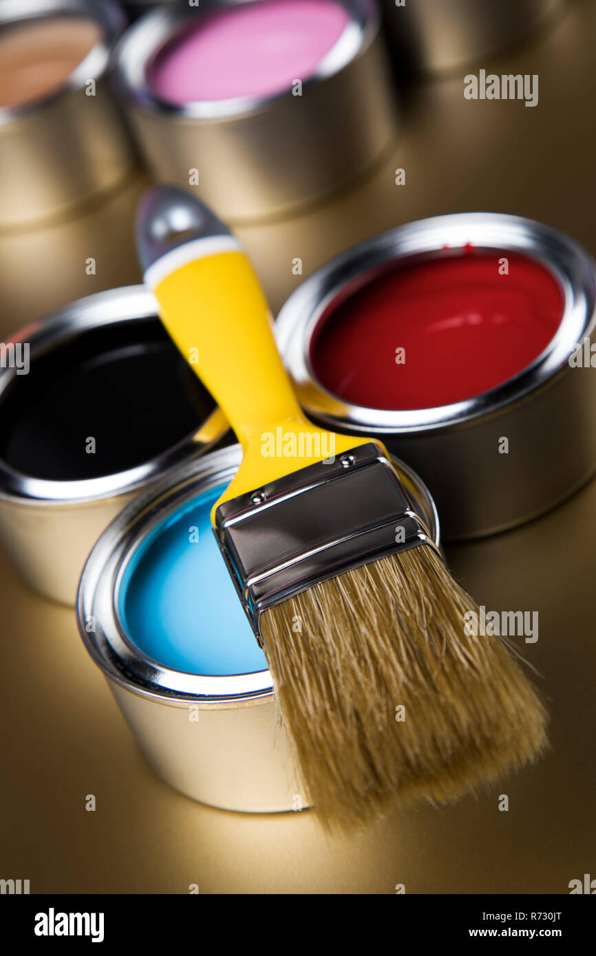 Paint brush, tin can and color guide samples Stock Photo - Alamy
