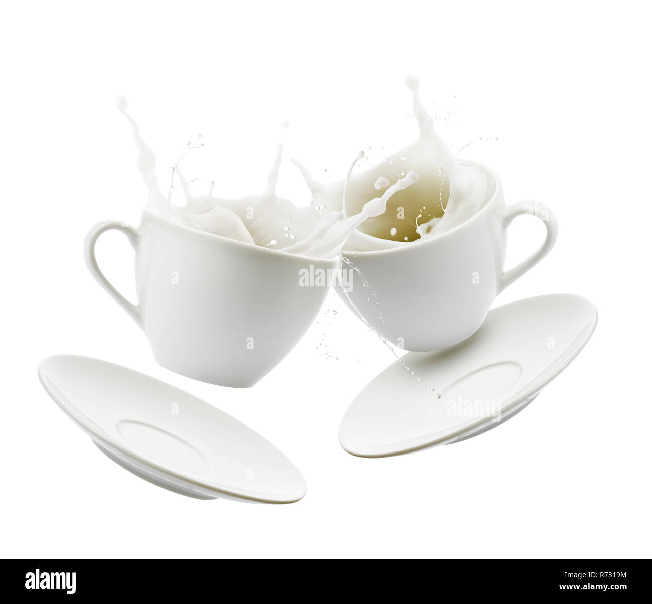 Cups full of milk bump and splashing, isolated on white background ...