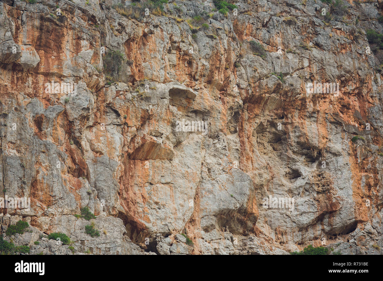 Fragment of a wall from a chipped stone, Rocks wall overgrown with moss ...