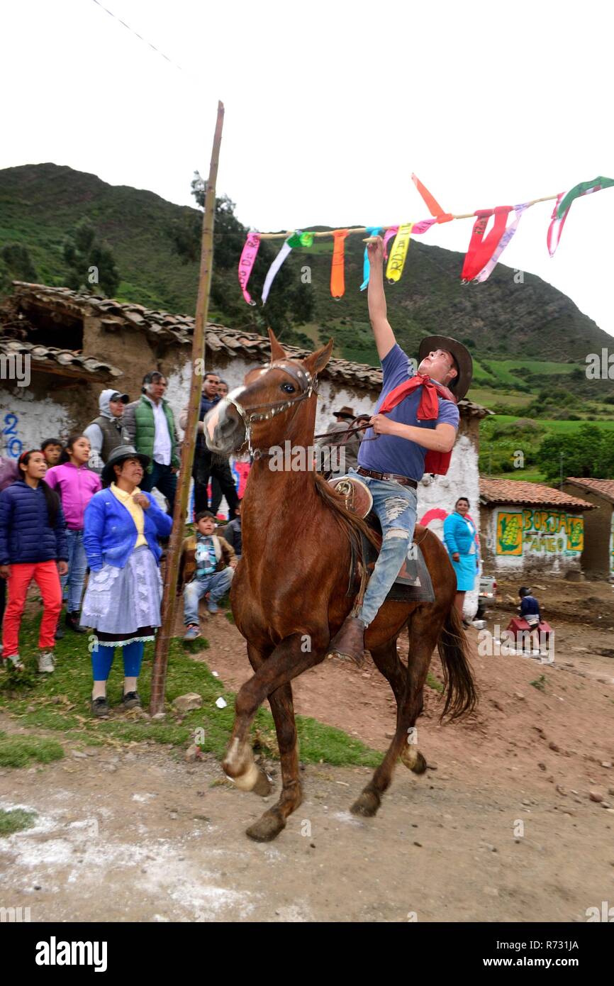 Horse ribbons race- Carnival in CHAVIN de Huantar. Department of Ancash ...