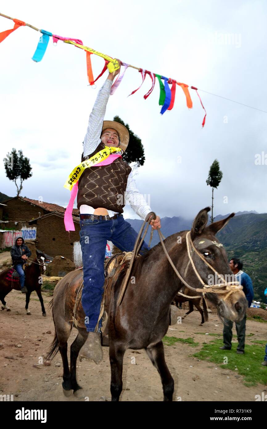 Horse ribbons race- Carnival in CHAVIN de Huantar. Department of Ancash ...