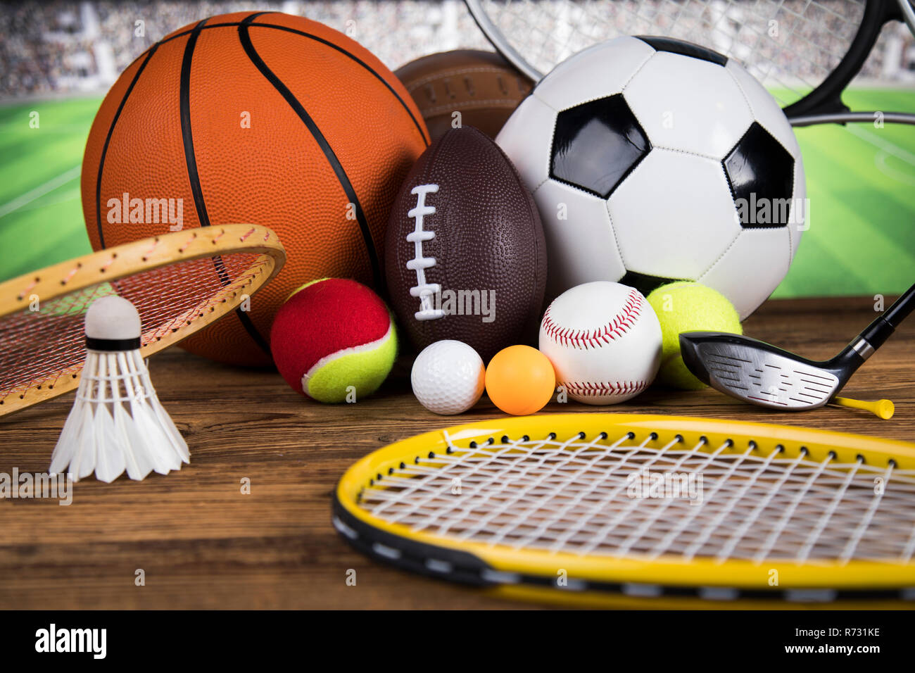 Sports balls with equipment Stock Photo - Alamy