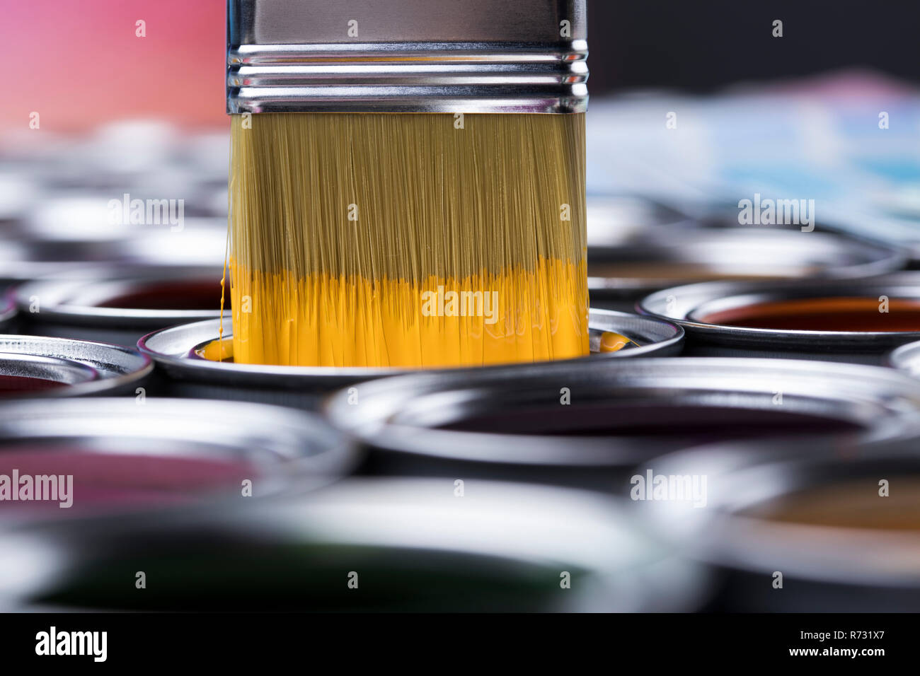 Paint brush, tin can and color guide samples Stock Photo - Alamy
