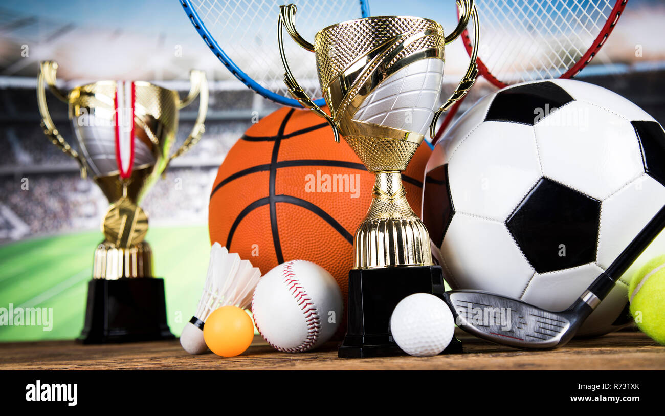 Winner trophy, Sport equipment and balls Stock Photo - Alamy