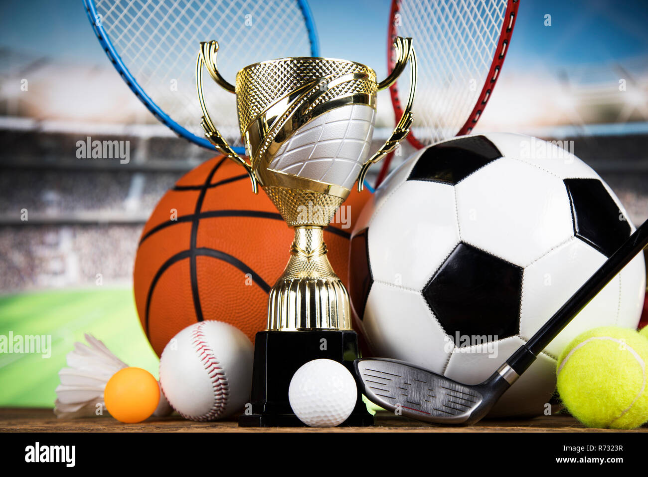 Winner trophy, Sport equipment and balls Stock Photo - Alamy